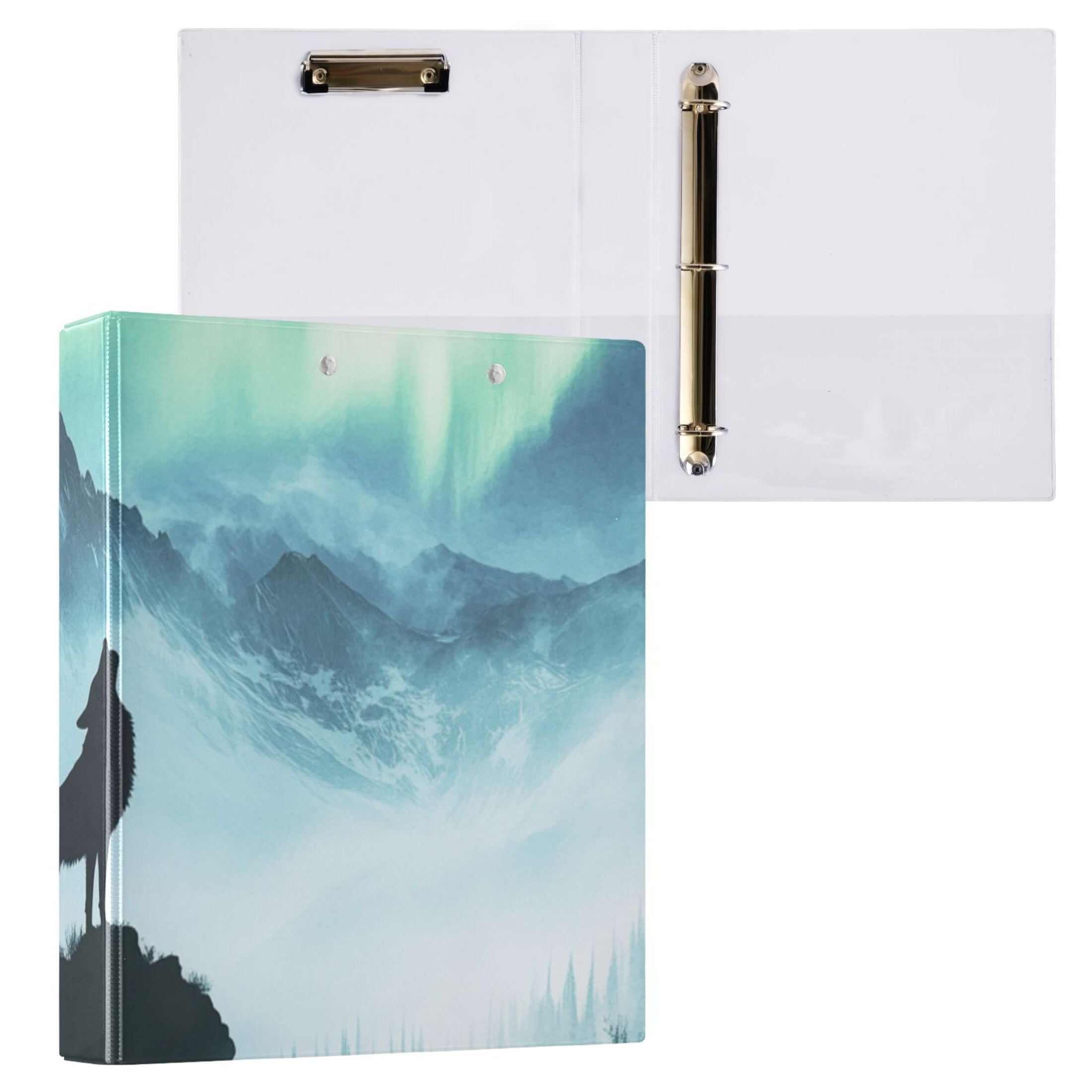 Wolf Howling on Mountain Top Aurora Trees Round Ring Binder 3 Rings 1.5 ...