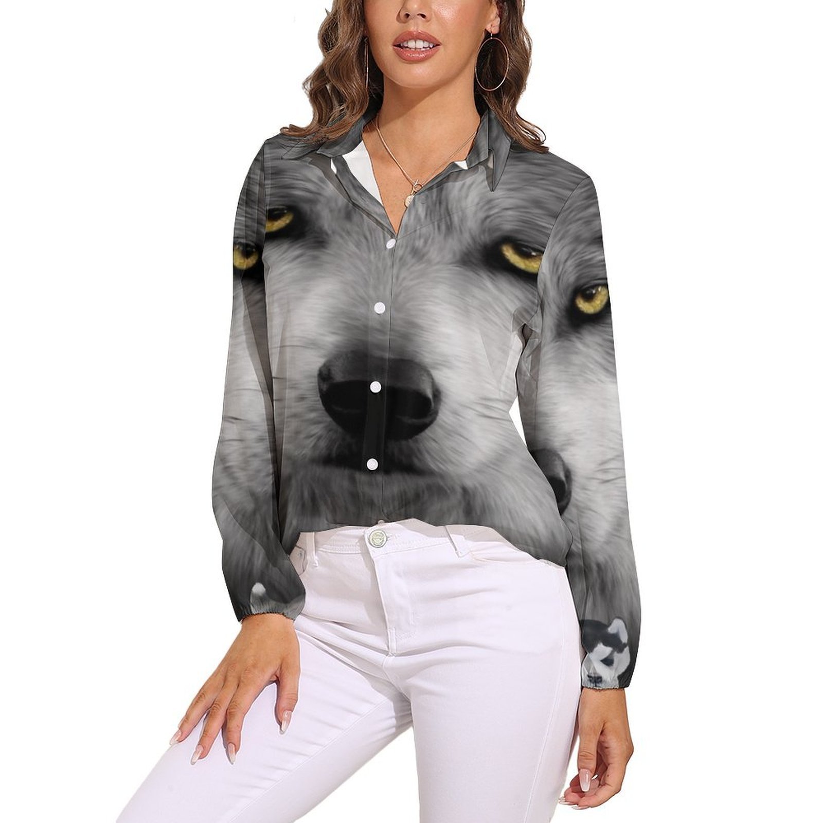 Wolf & Husky Puppy Art Print(1) Vntage Casual Long Sleeve Shirt Blouse ...
