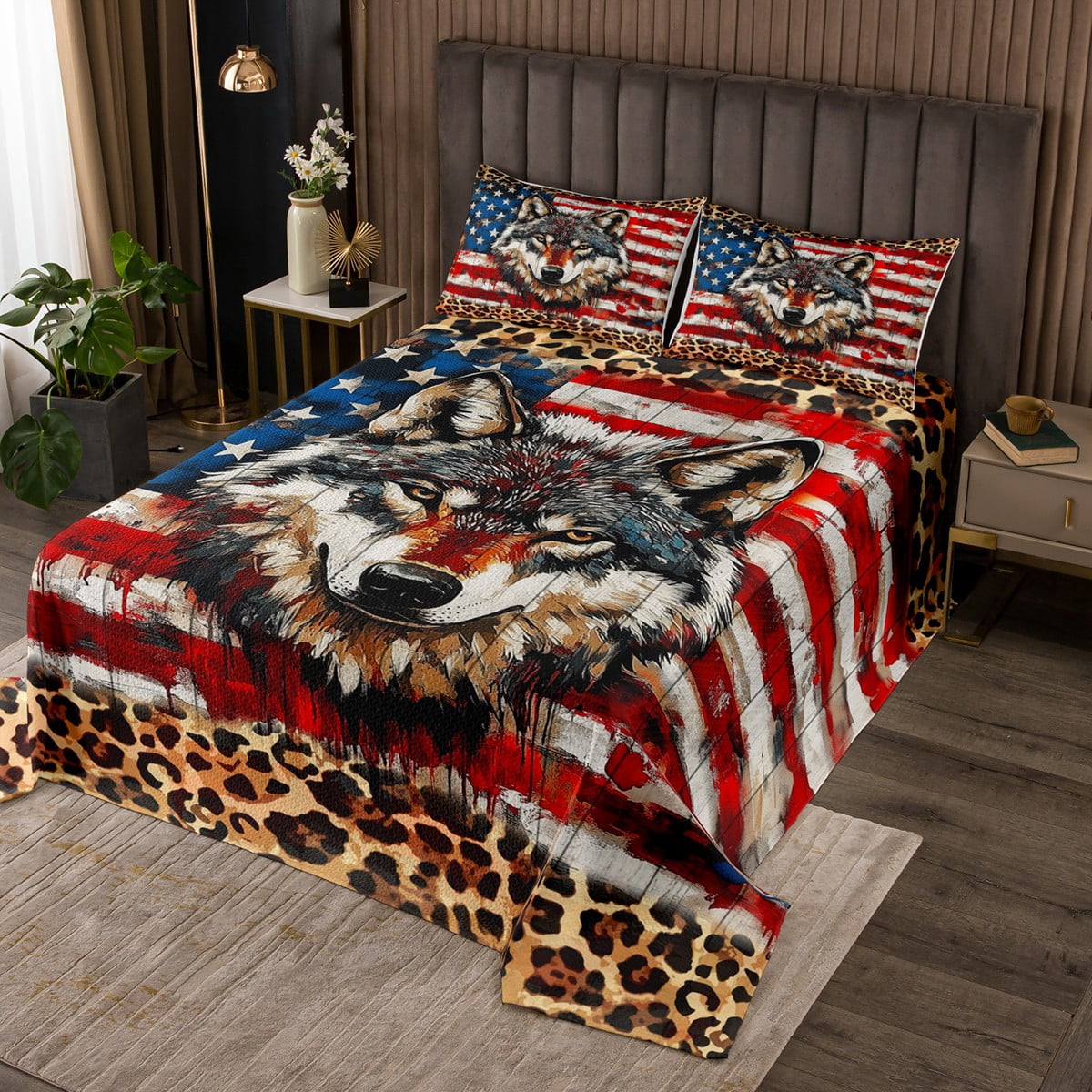 Wolf Bedspread Twin Size,Tie-dye Graffiti American Flag Leopard Print ...