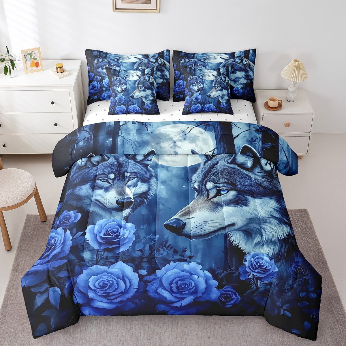 Wolf Comforter Set 7 Pieces Blue Rose Flower Bedding Set Twin,Moon ...