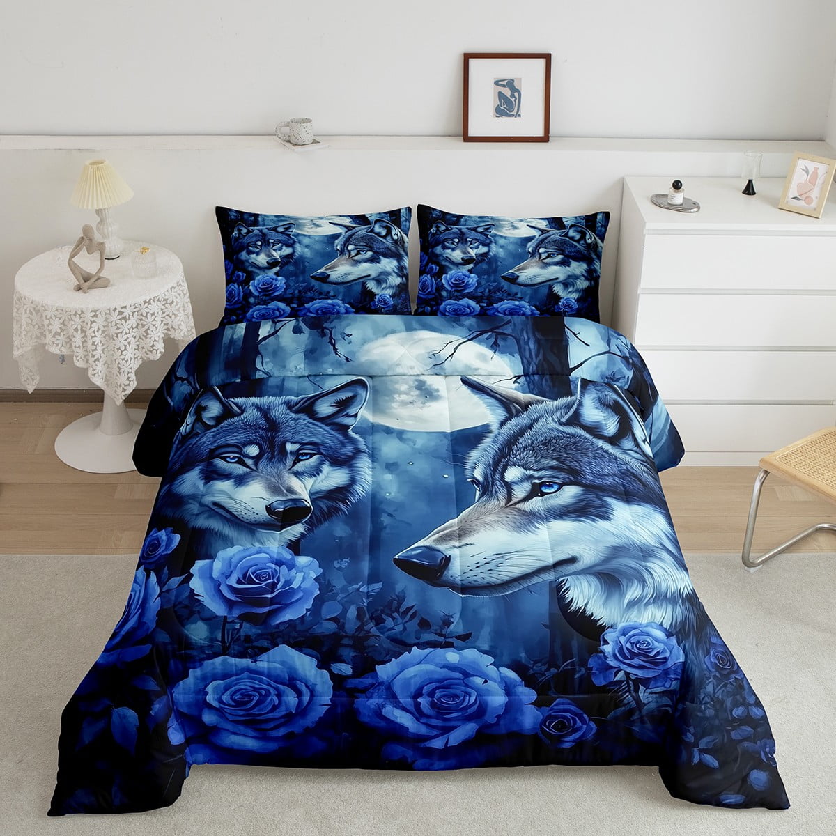 Wolf Comforter Set Blue Rose Flower Bedding Set Twin,Moon Galaxy Decor ...