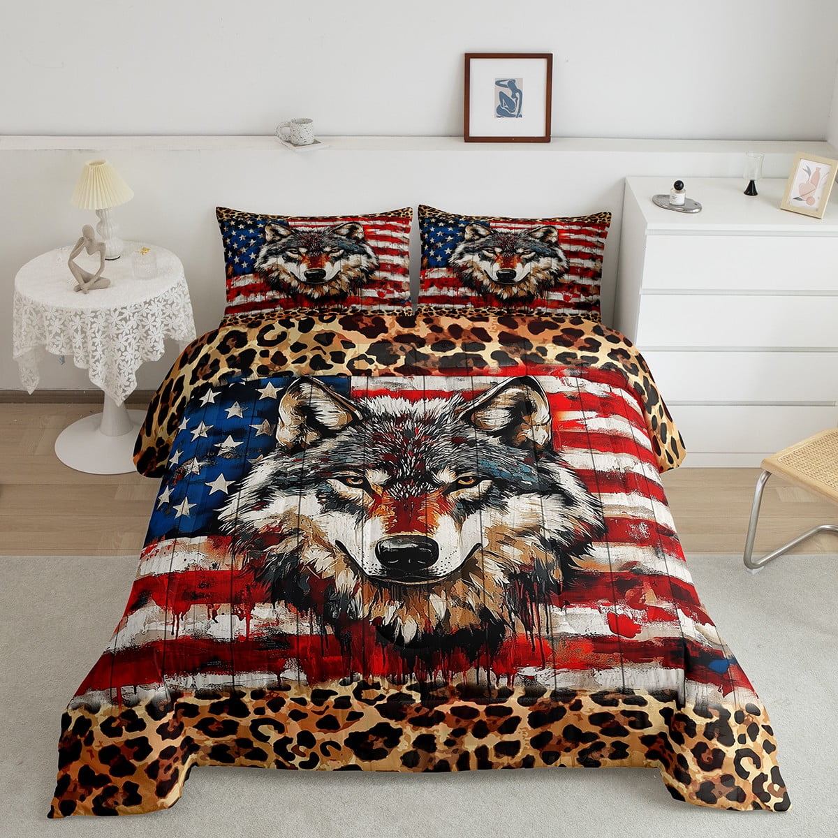 Wolf Comforter Set Queen Size,Tie-dye Graffiti American Flag Leopard ...