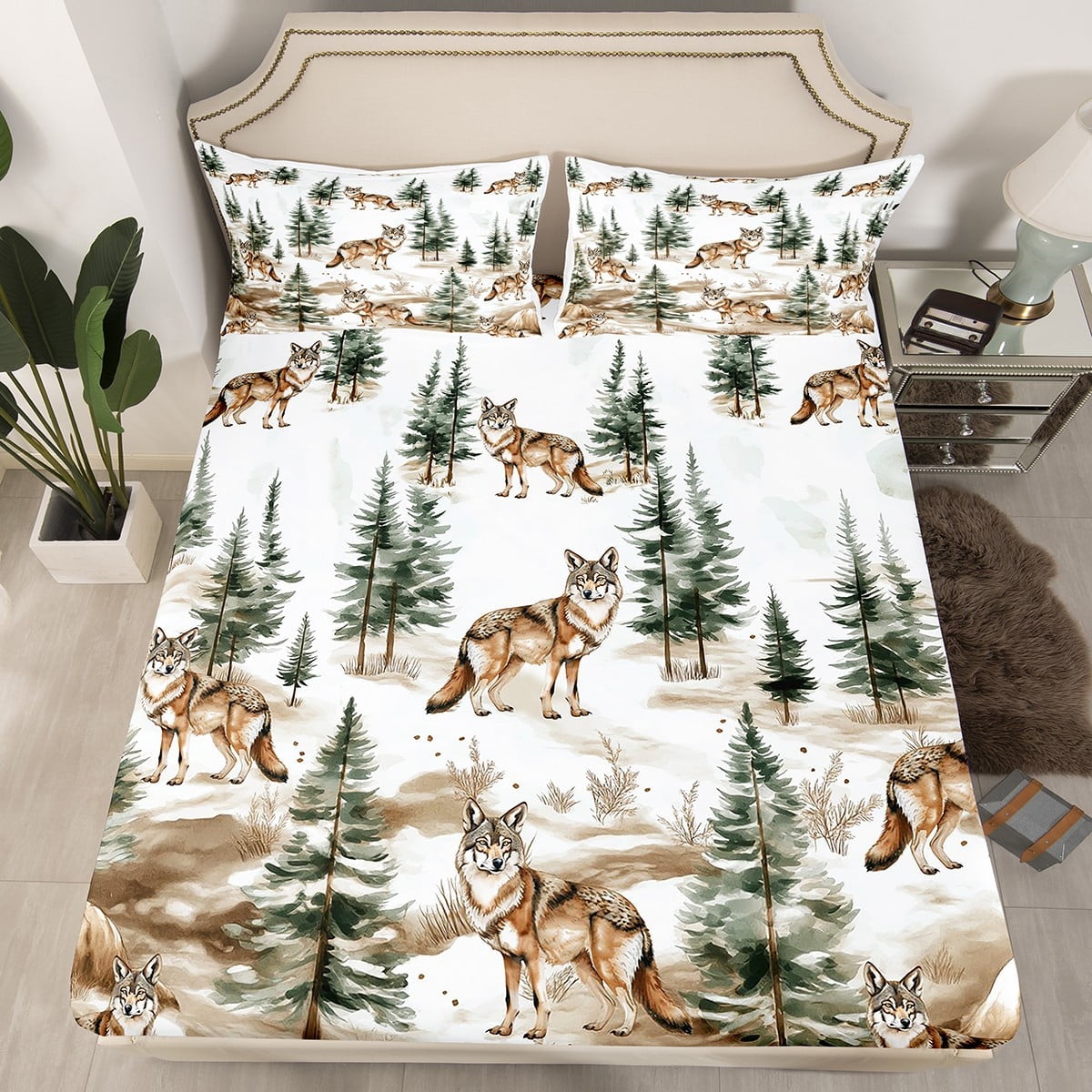 Wolf Fitted Sheet Full Size,Woodland Animals Bedding Set Bedroom,Wolves ...