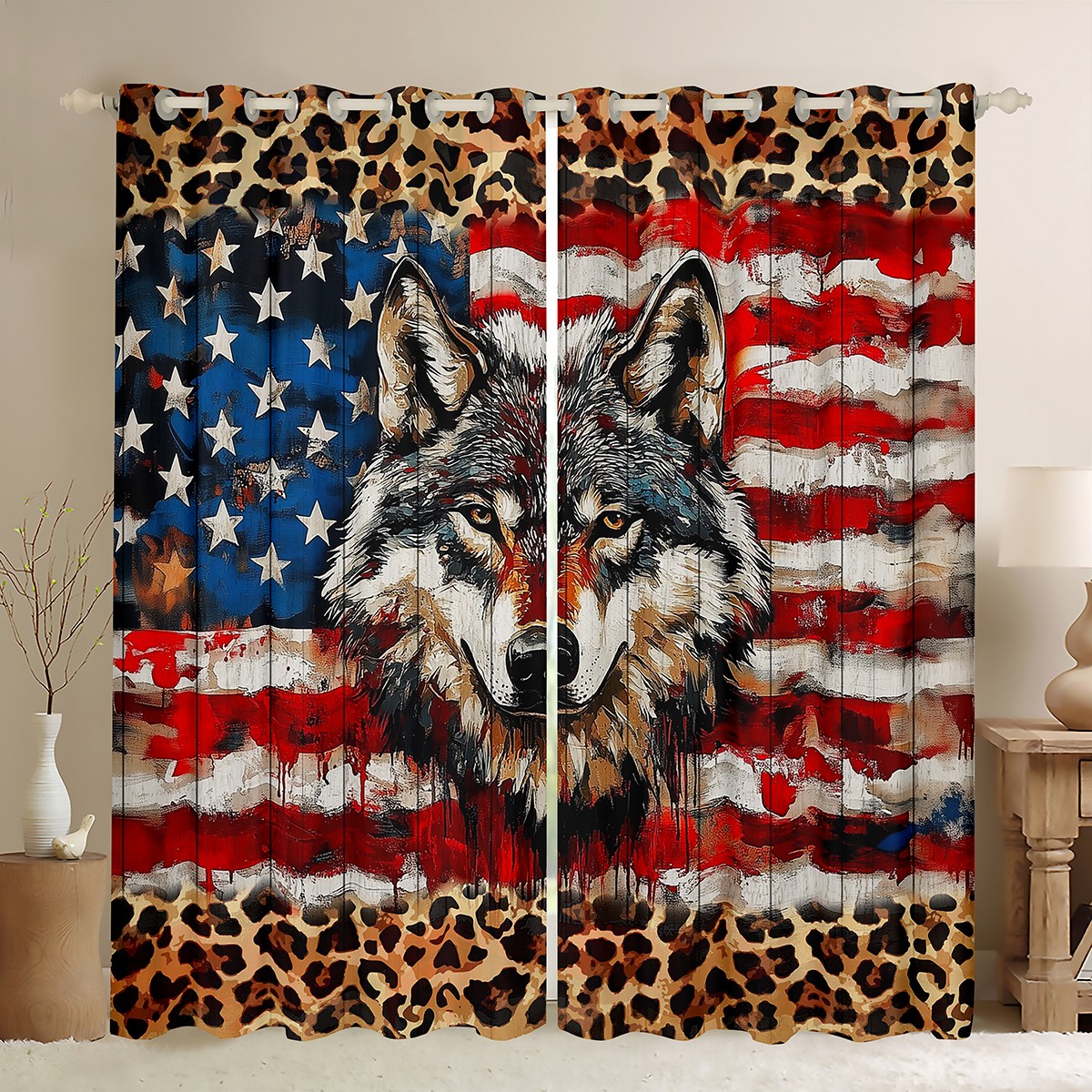 Wolf Window Curtains,Tie-dye Graffiti American Flag Leopard Print ...