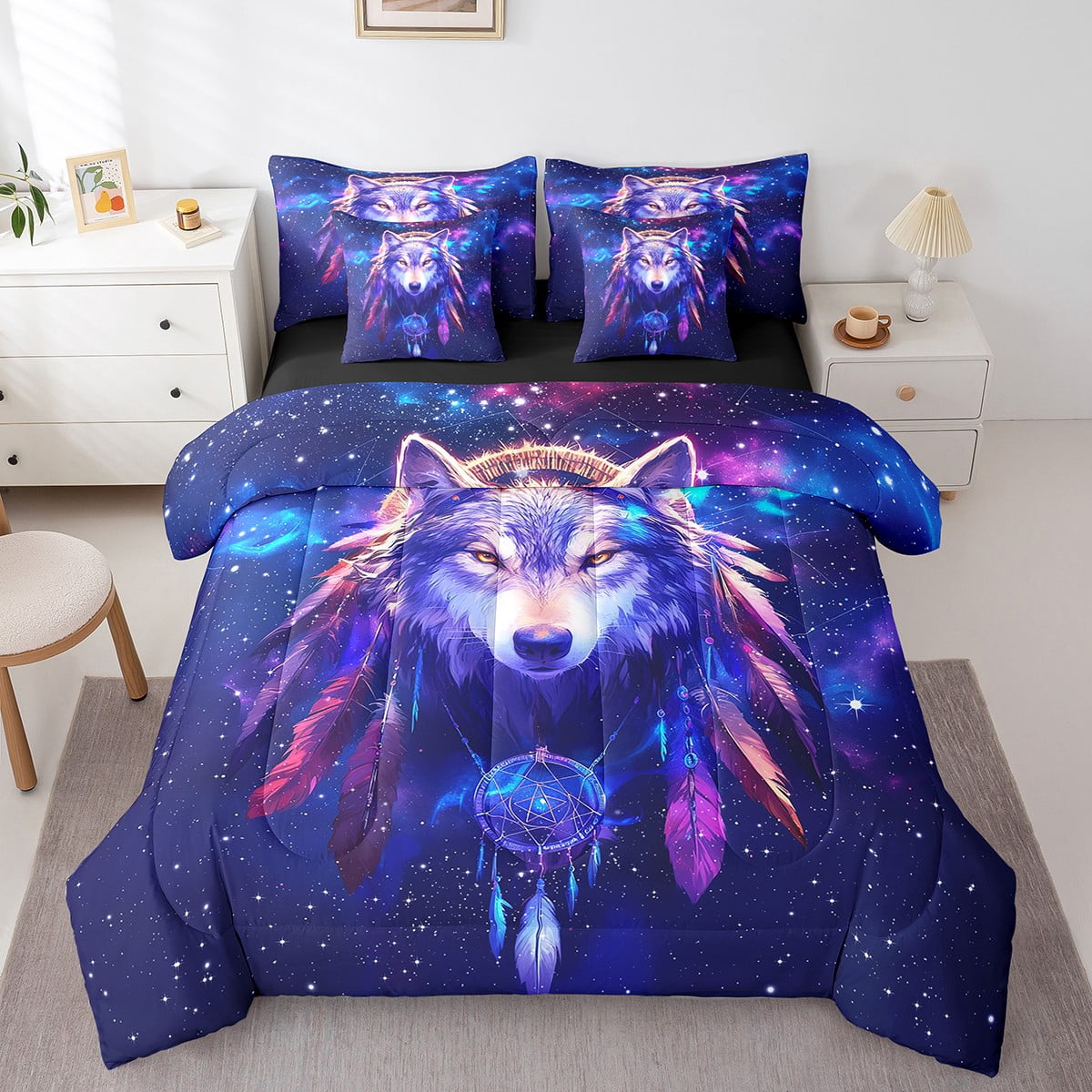 Wolf King Bed in a Bag 7 Piece Bohemian Exotic Dreamcatcher Bedding ...