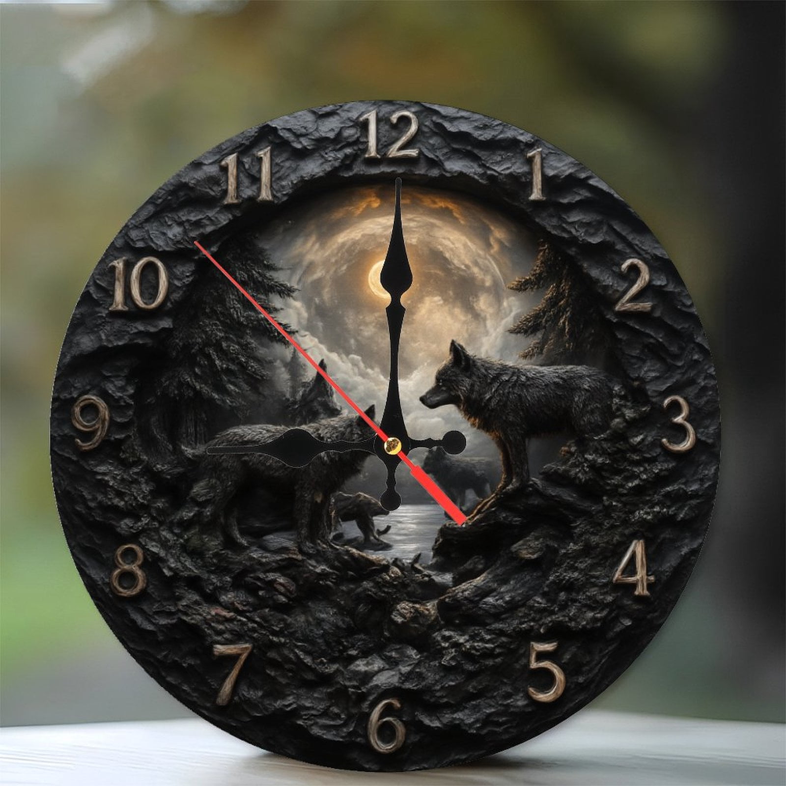 Wolf Moon Night Scene Wall Clock Resin Sculpture Decor 10-Inch Silent ...