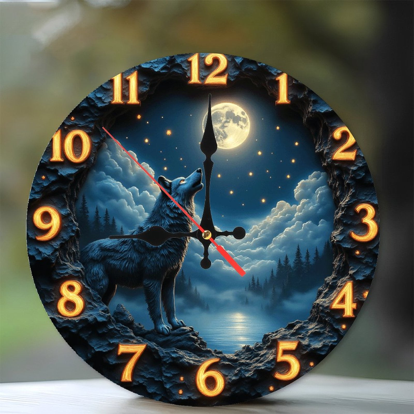 Wolf Moonlight Lake Wall Clock Decor 10-Inch Silent Wooden Wall Clock, Battery Operated (AA ...
