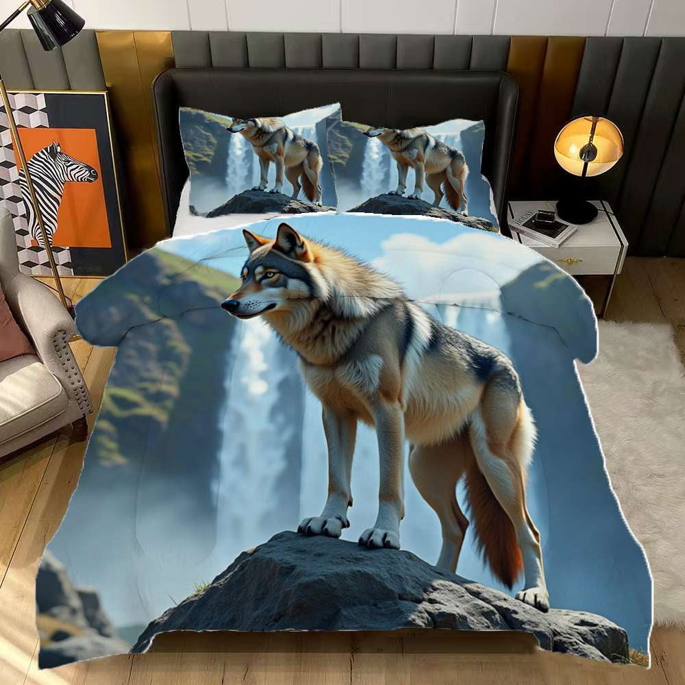 Wolf On Rock By Waterfall Comforter Set Twin Size Bedding Set For Travl ...