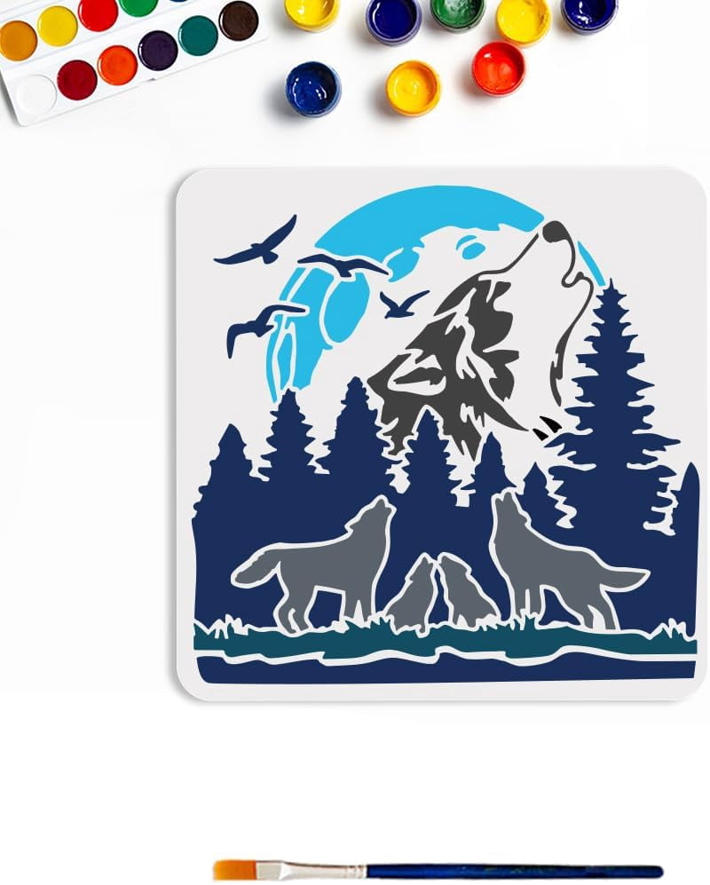 Wolf Pack Forest Drawing Template 11.8x11.8inches Reusable Flying Birds ...