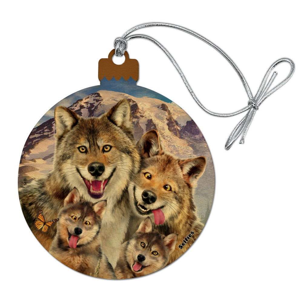 Wolf Pack Selfie Family Wolves Wood Christmas Tree Holiday Ornament ...