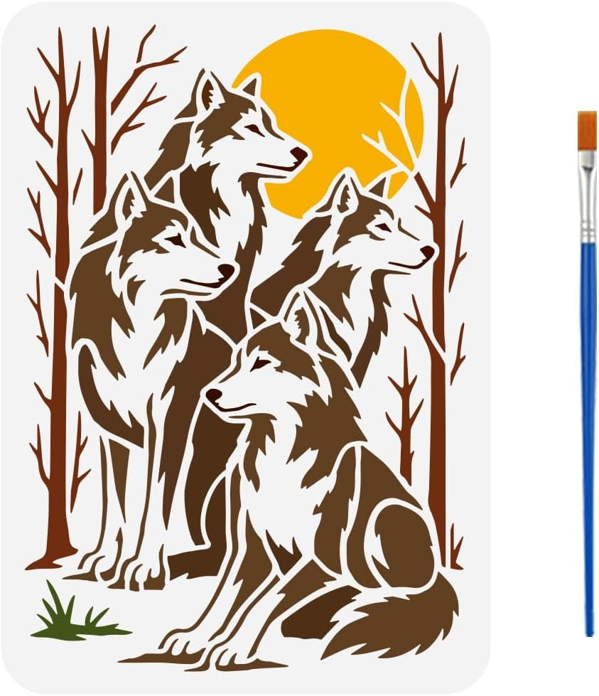 Wolf Pack Stencils with a Brush 11.7x8.3Inch Moon Forest Tree Painting ...