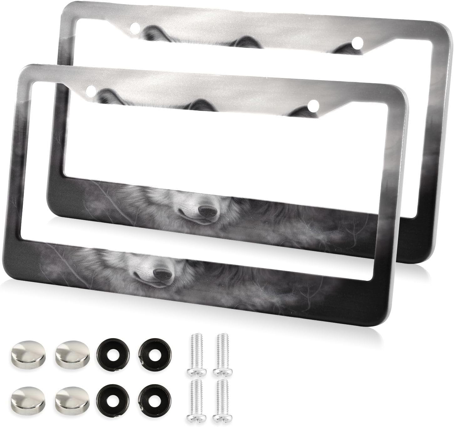 Wolf Pattern Grey License Plate Frame, Aluminum Car Tag Frames, 2 Pack ...