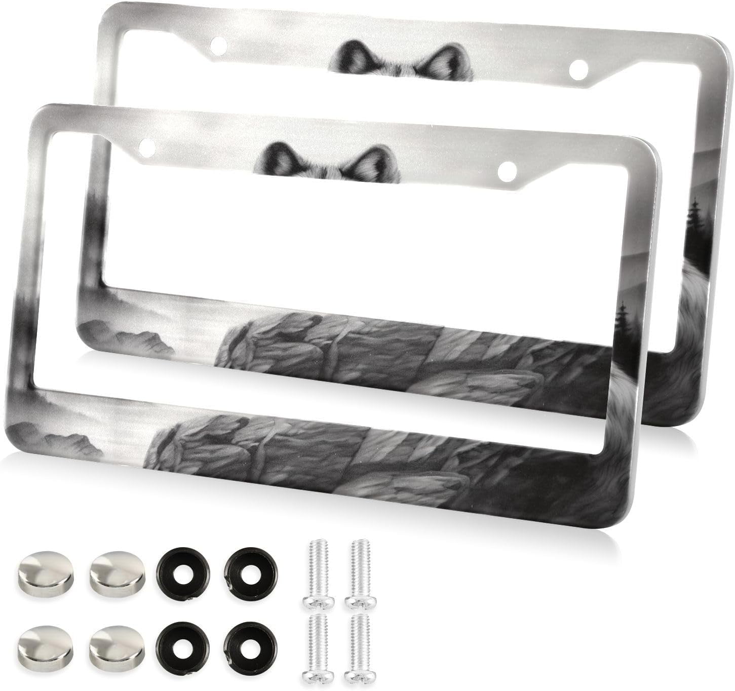 Wolf Pattern Grey License Plate Frame, Aluminum Car Tag Frames, 2 Pack ...