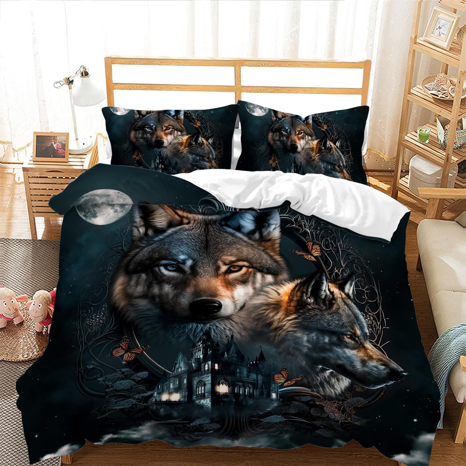 Wolf Print Duvet Cover Set,Night Starry Moon Wolf Comforter Cover Set ...