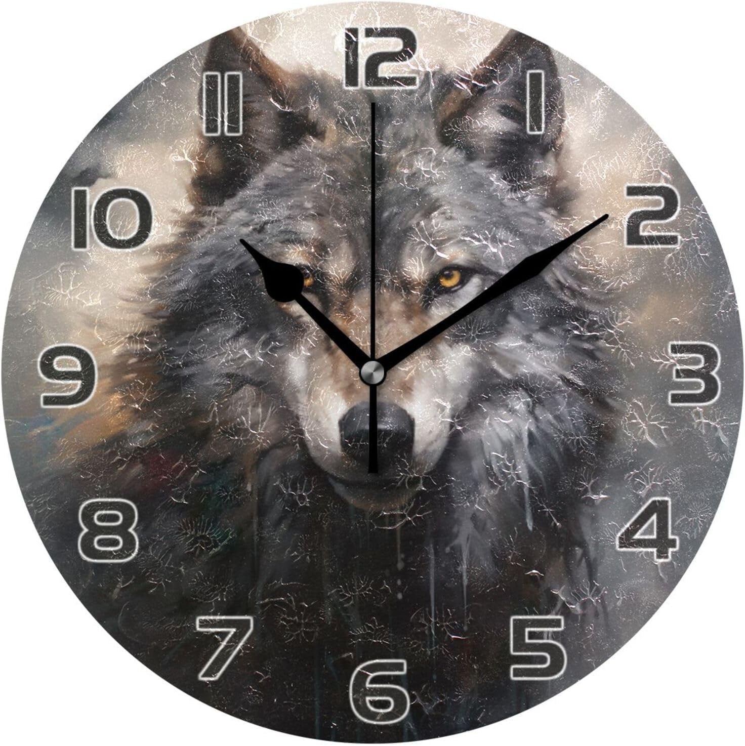 Wolf Print Wall Clock Round Vintage Silent Non Ticking Battery Operated ...