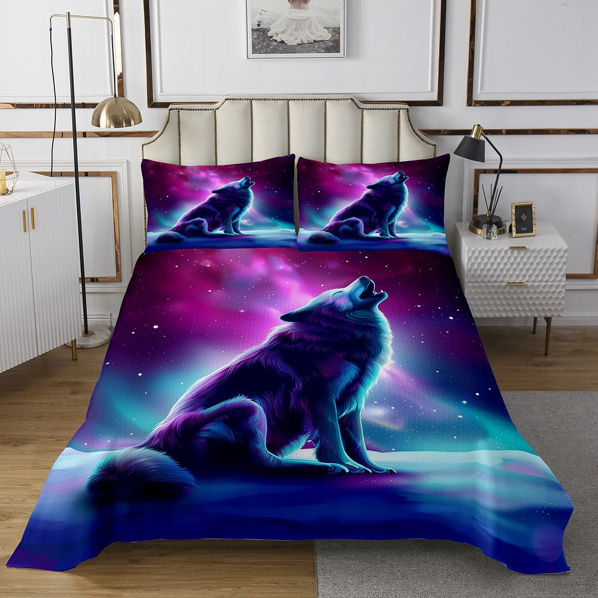 Wolf Quilt Set,Polar Lights Coverlet Set Howling Wolves Bedspread Set ...