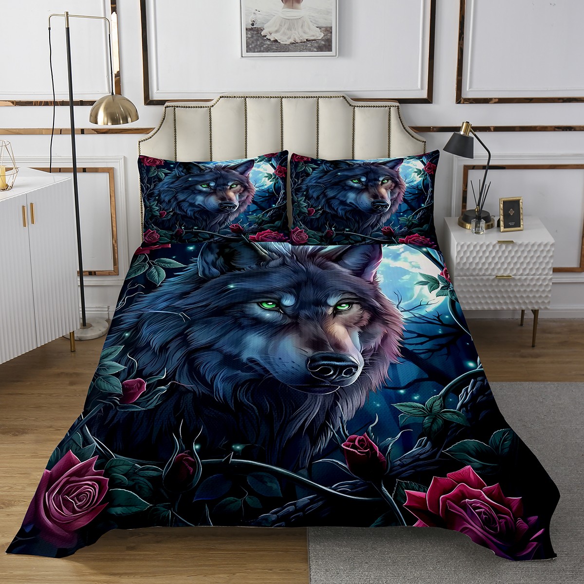 Wolf Quilt Set Queen Size Red Rose Floral Bedspread for Boys Girls Kids ...