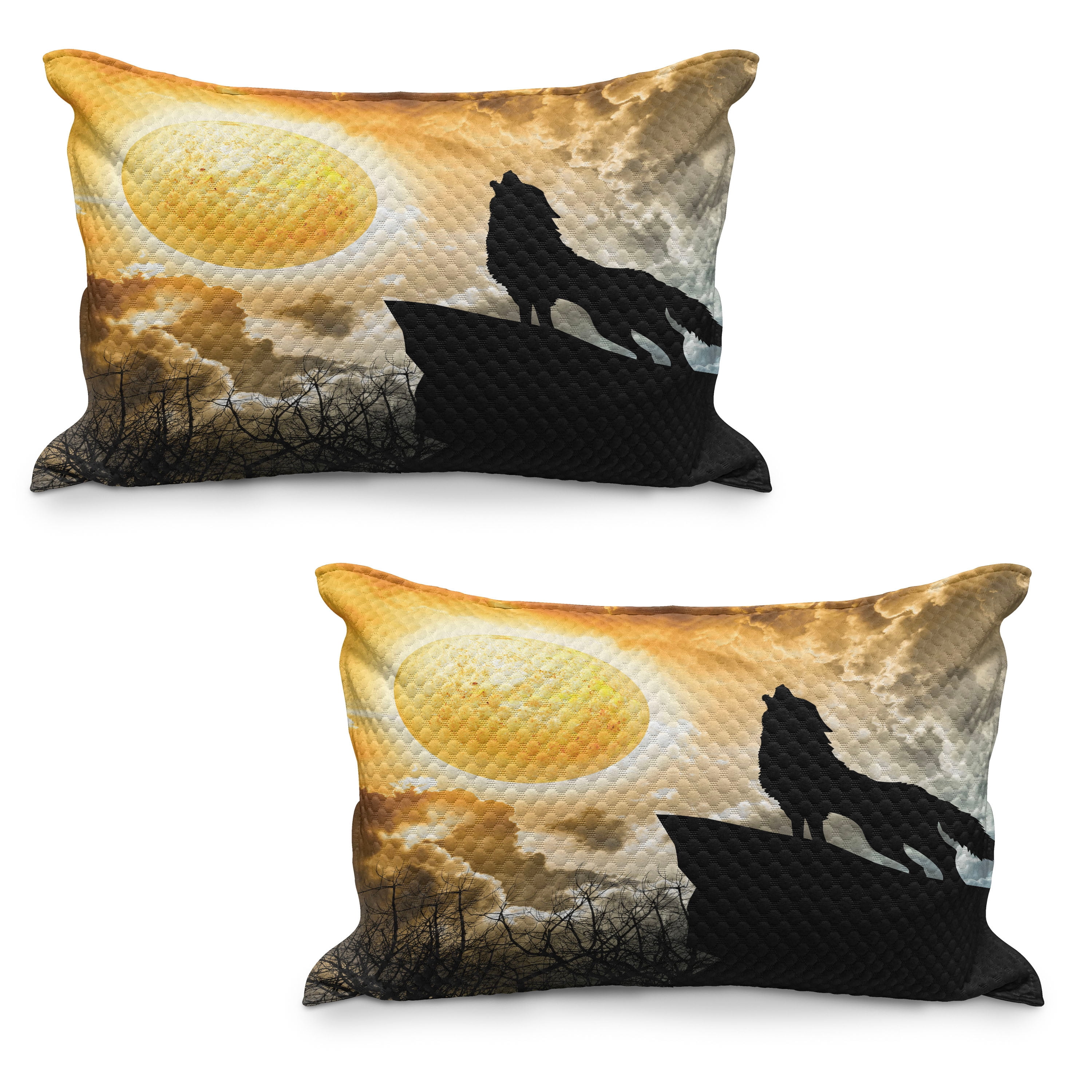 Wolf Quilted Pillowcover Set of 2, Howling Animal Silhouette at the Top ...