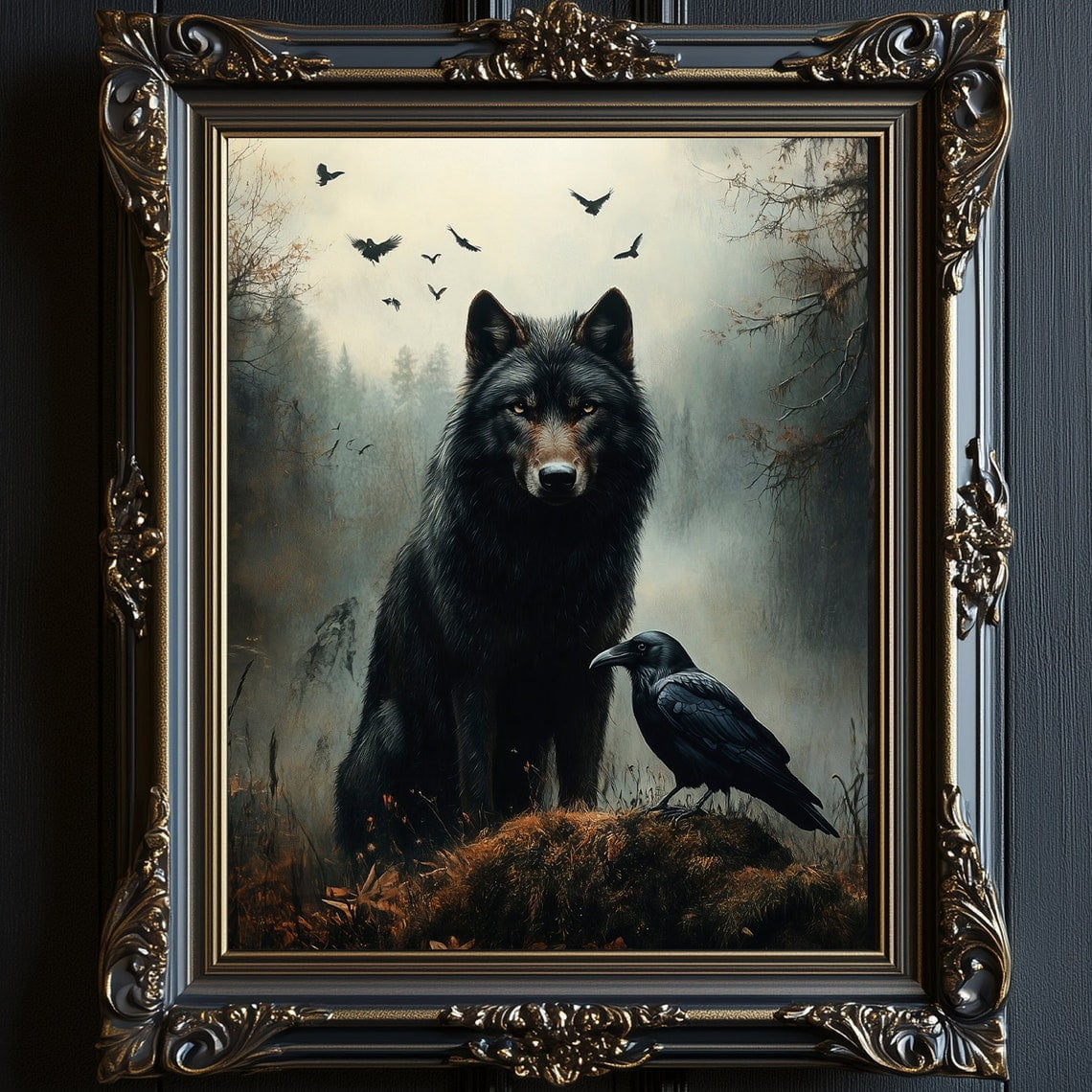 Wolf And Raven Art Print, Dark Gothic Fantasy, Mystical Dream, Moody Symbiotic Animal Wildlife ...