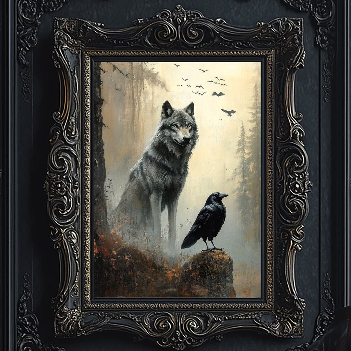 Wolf And Raven Poster, Dark Norse Fantasy Wall Art, Mystical Dream ...