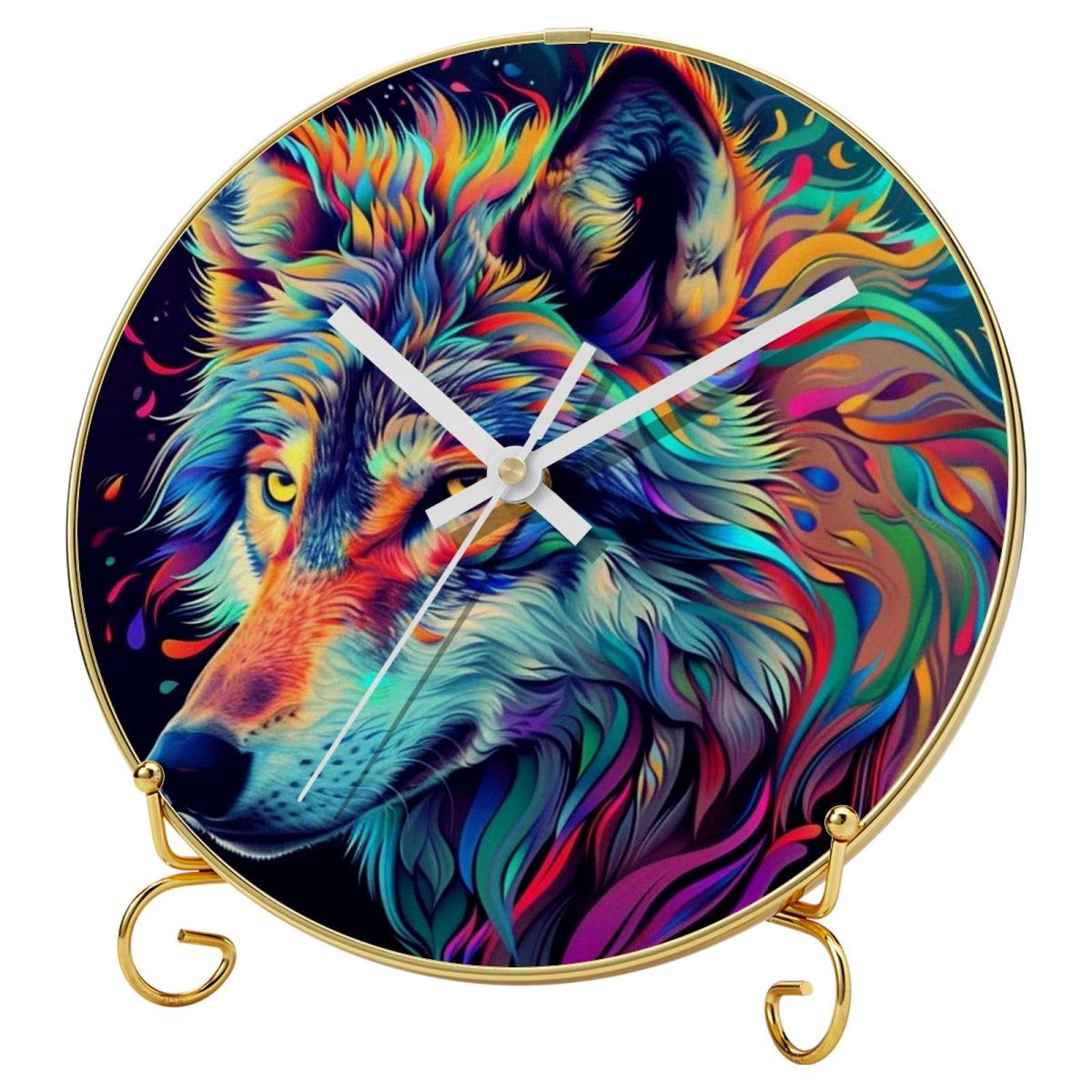 Wolf Round Printed Wall Clocks with Hooks and Gold Stand - Silent Non ...