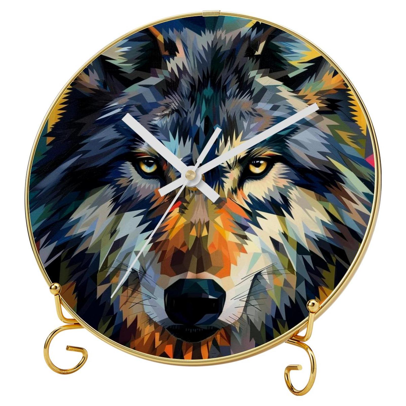 Wolf Rustic Round Wall Clocks with Printed Design, Hooks and Gold Stand ...