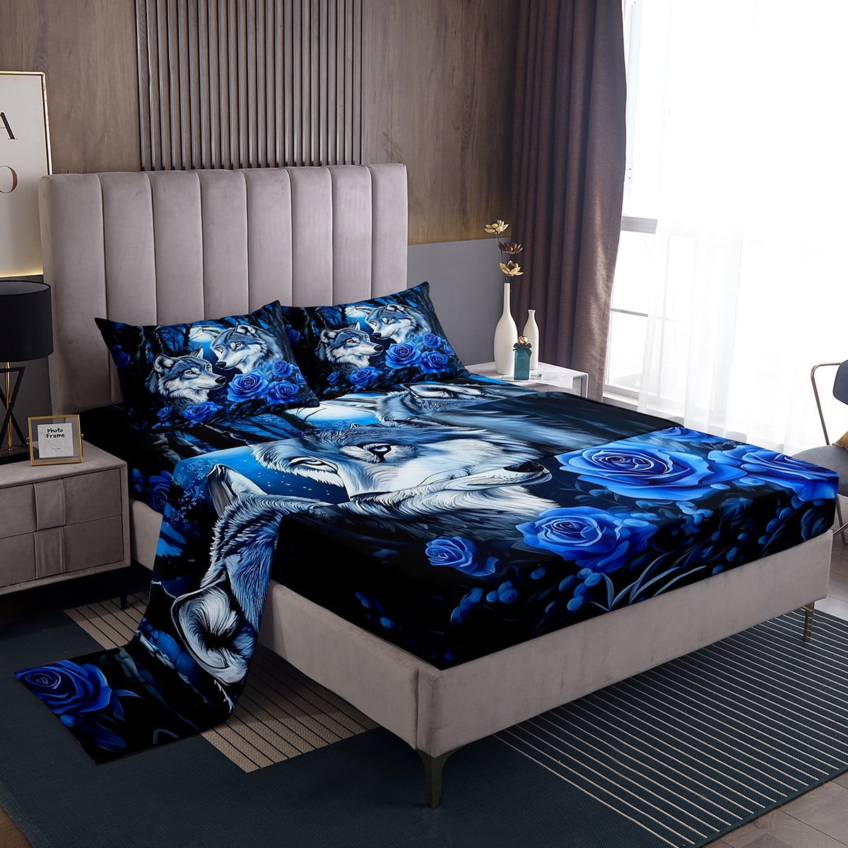 Wolf Sheet Set Twin Size,Blue Rose Flowers Sheets,Bed Sheets Set,Safari ...