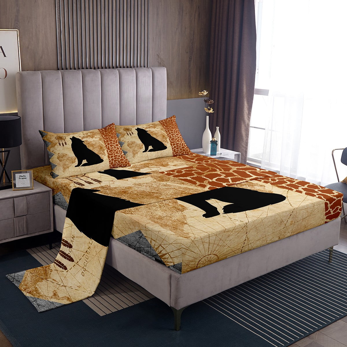 Wolf Sheet Set Dream Catchers Flat Fitted Sheet,Western Wildlife Spot ...