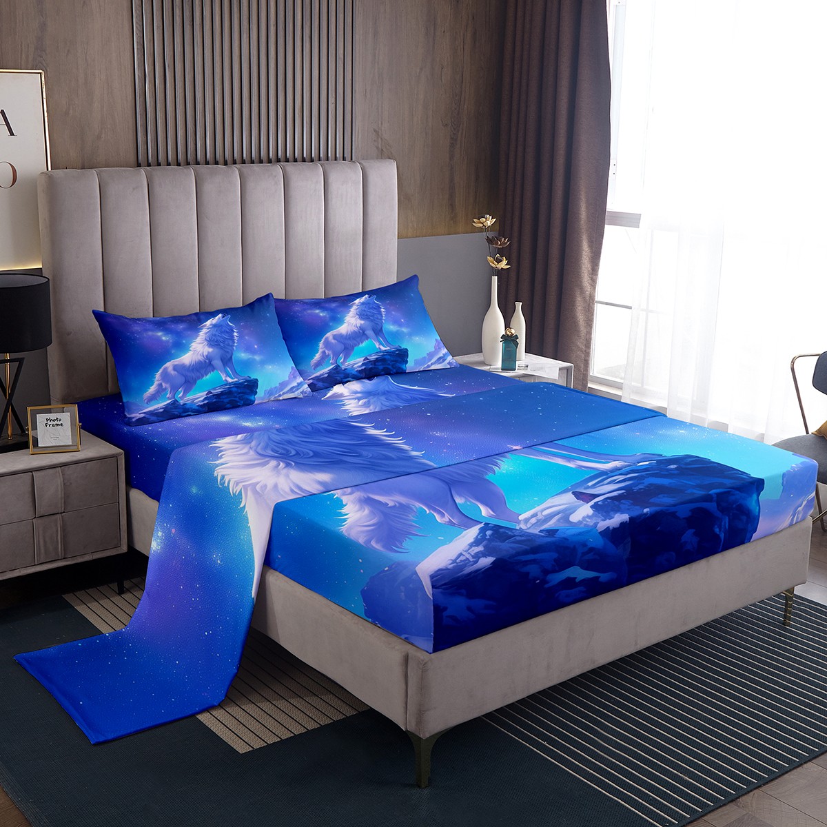 Wolf Sheets Purple Blue Starry Sky Sheet Set White Wildlife Wolves Bed ...