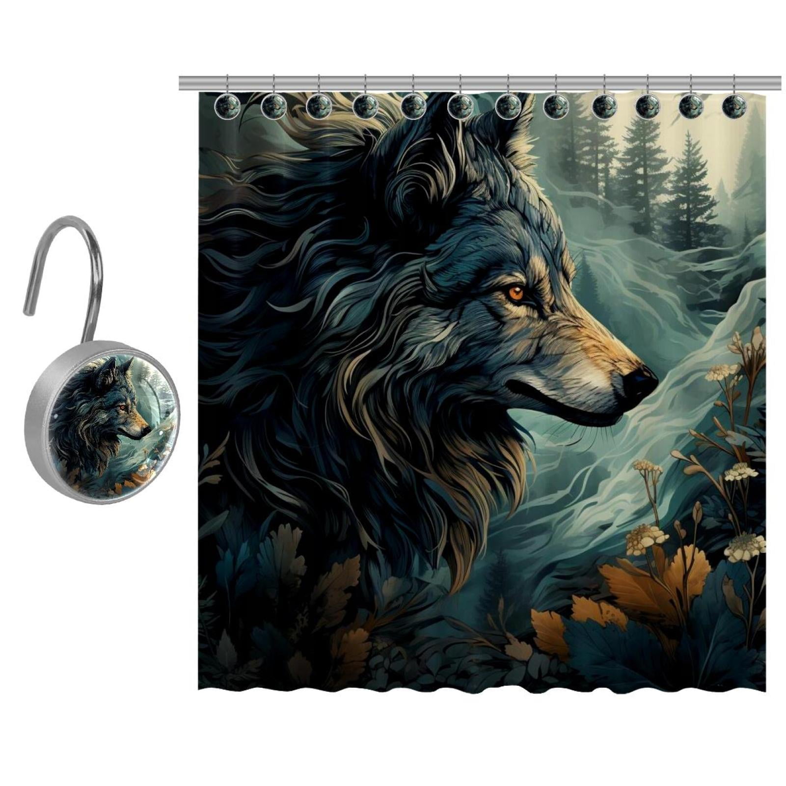 Wolf Shower Curtain, Cloth Fabric Bathroom Decor Set with Hooks ...