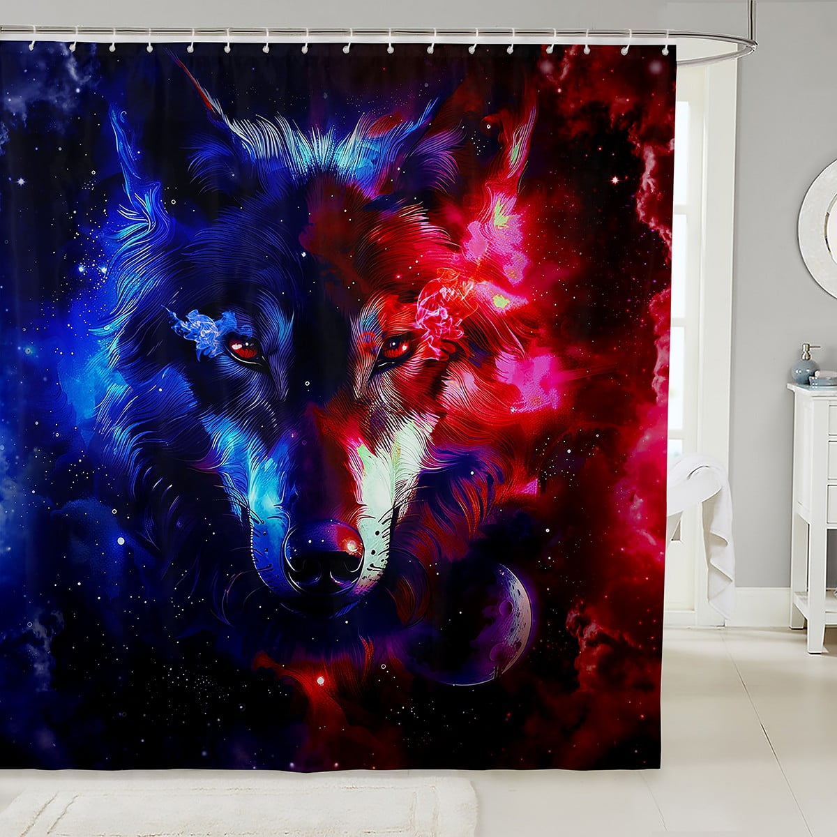 Wolf Shower Curtain Ice Fire Wolf Galaxy Moon Bathroom Shower Curtain ...