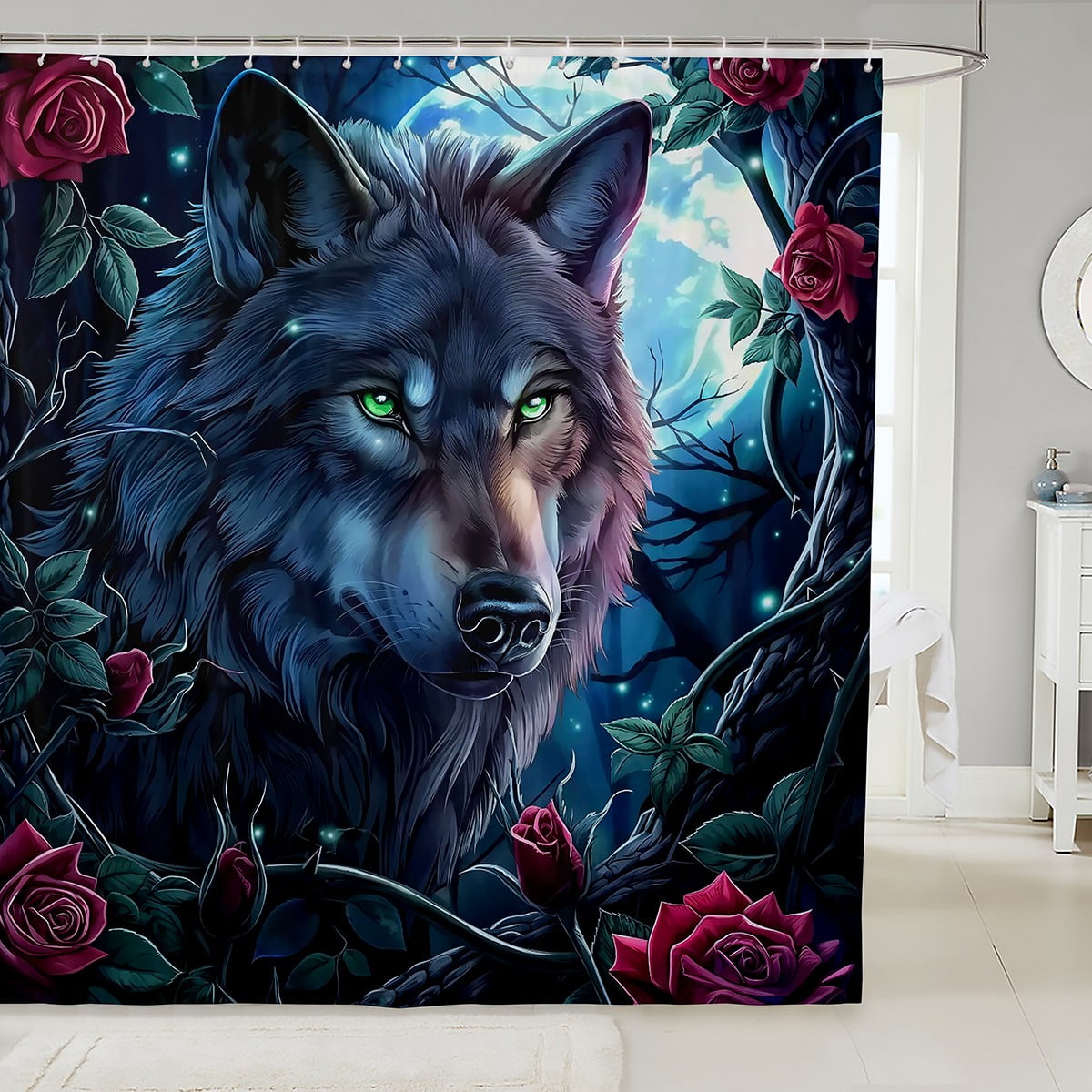Wolf Shower Curtain Red Rose Floral Bath Curtain for Boys Girls Kids ...