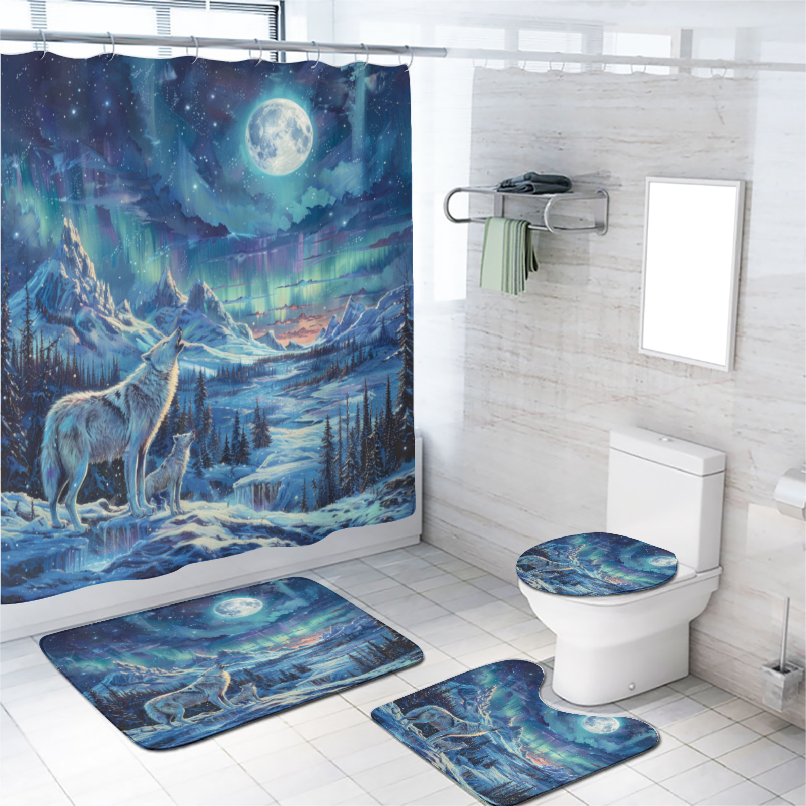 Wolf Shower Curtain Set Wild Animals Howling Dark Night Nature Mystical ...