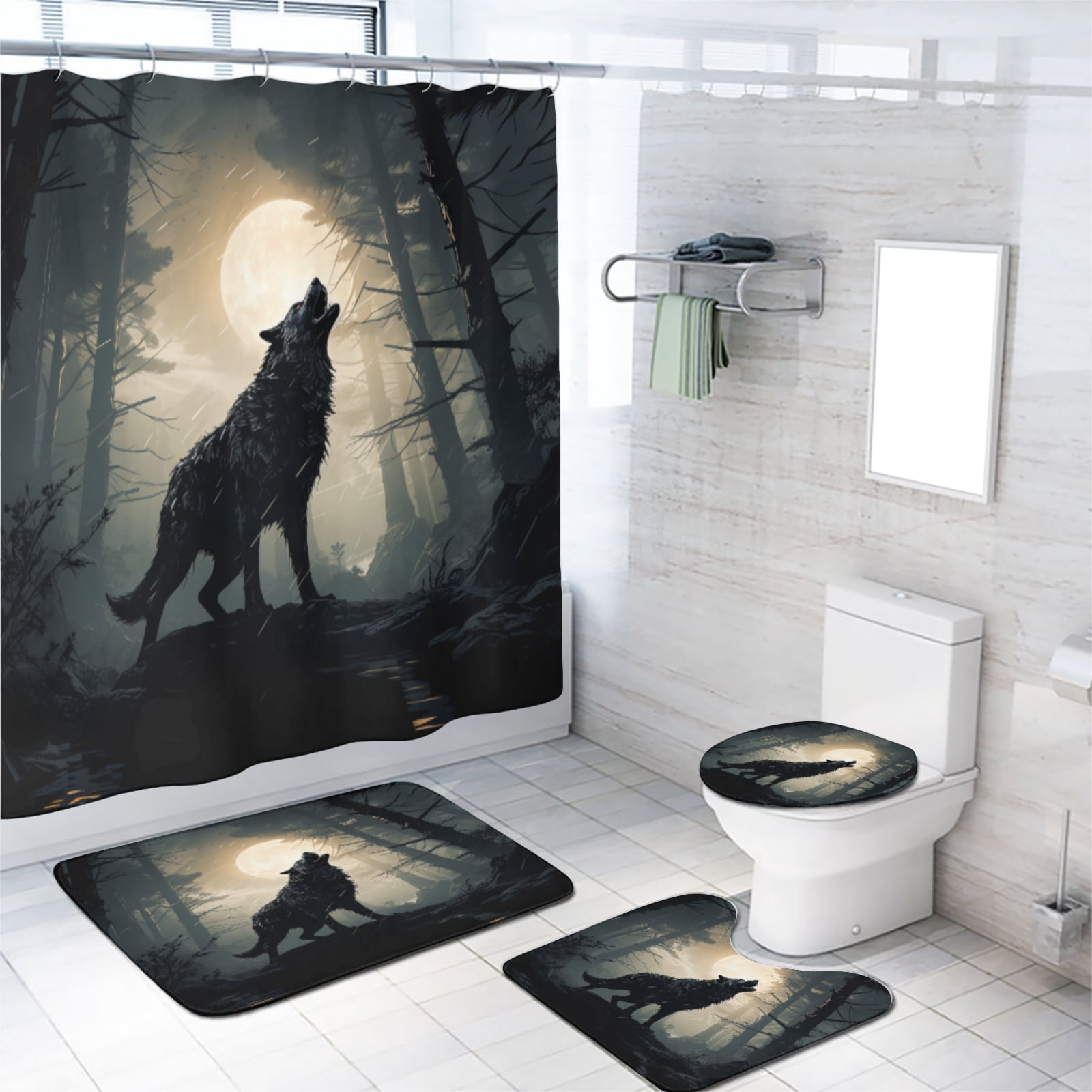 Wolf Shower Curtain Set Wildlife Animals Under Full Moon Forest Hunting ...