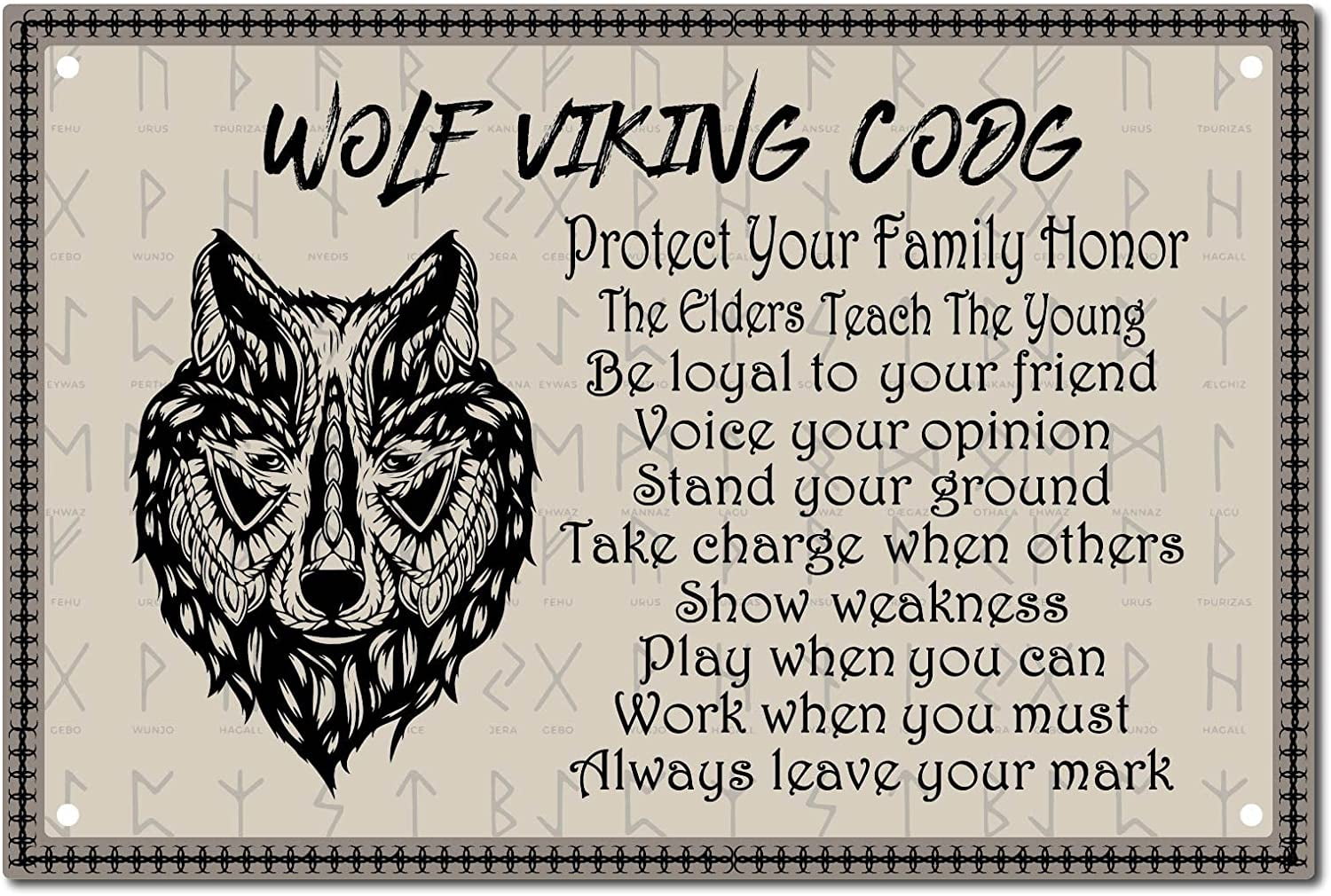 Wolf Sign Metal Tin Plate Vintage Wolf Vikings Code Signs Protect Honor ...