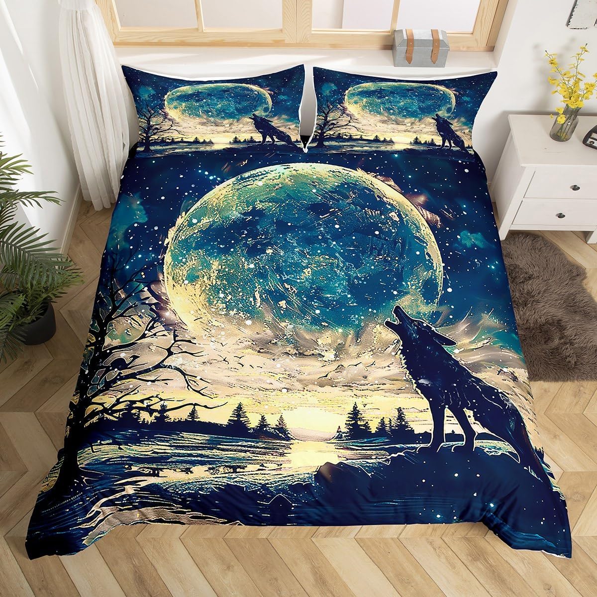 Wolf Silhouette Bedding Set 68x90 inch for Kids Boys Bedroom,Galaxy Bed ...
