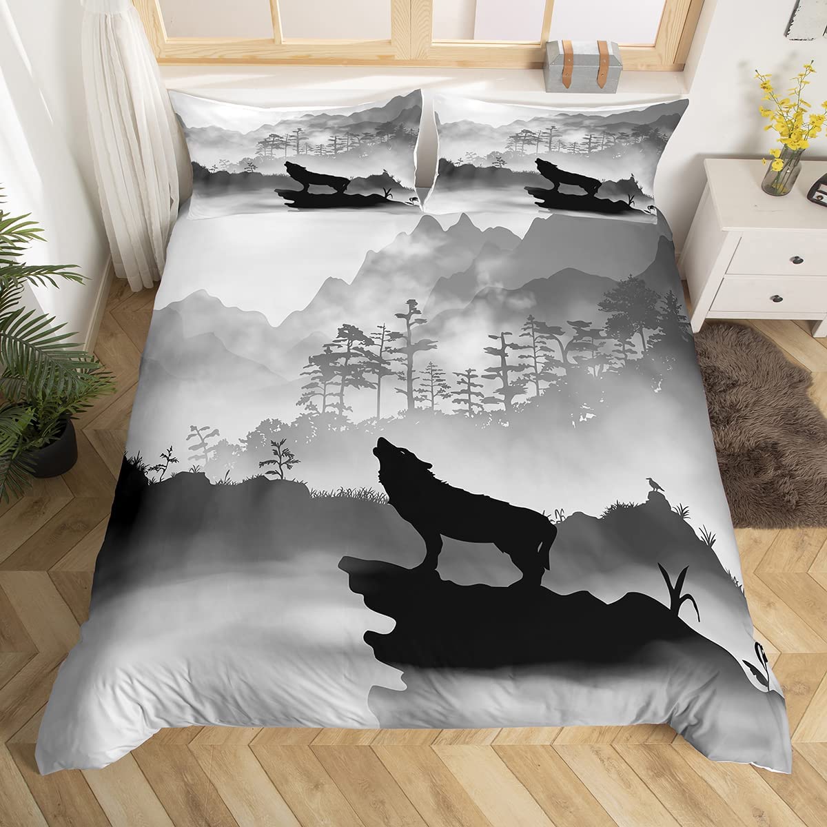 Wolf Silhouette Duvet Cover Set 104 X 90 inch,Cloud Fog Mountain Pine ...