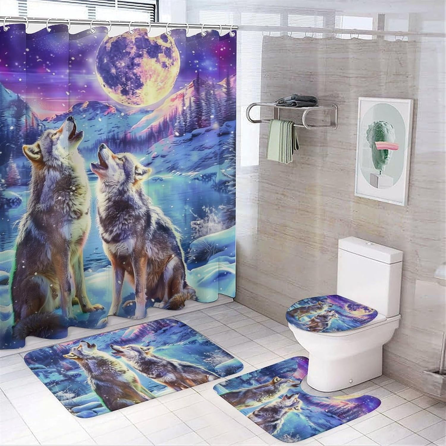 Wolf Snow Moon 4 Pcs Bathroom Shower Curtain Set,Bathroom Sets with ...
