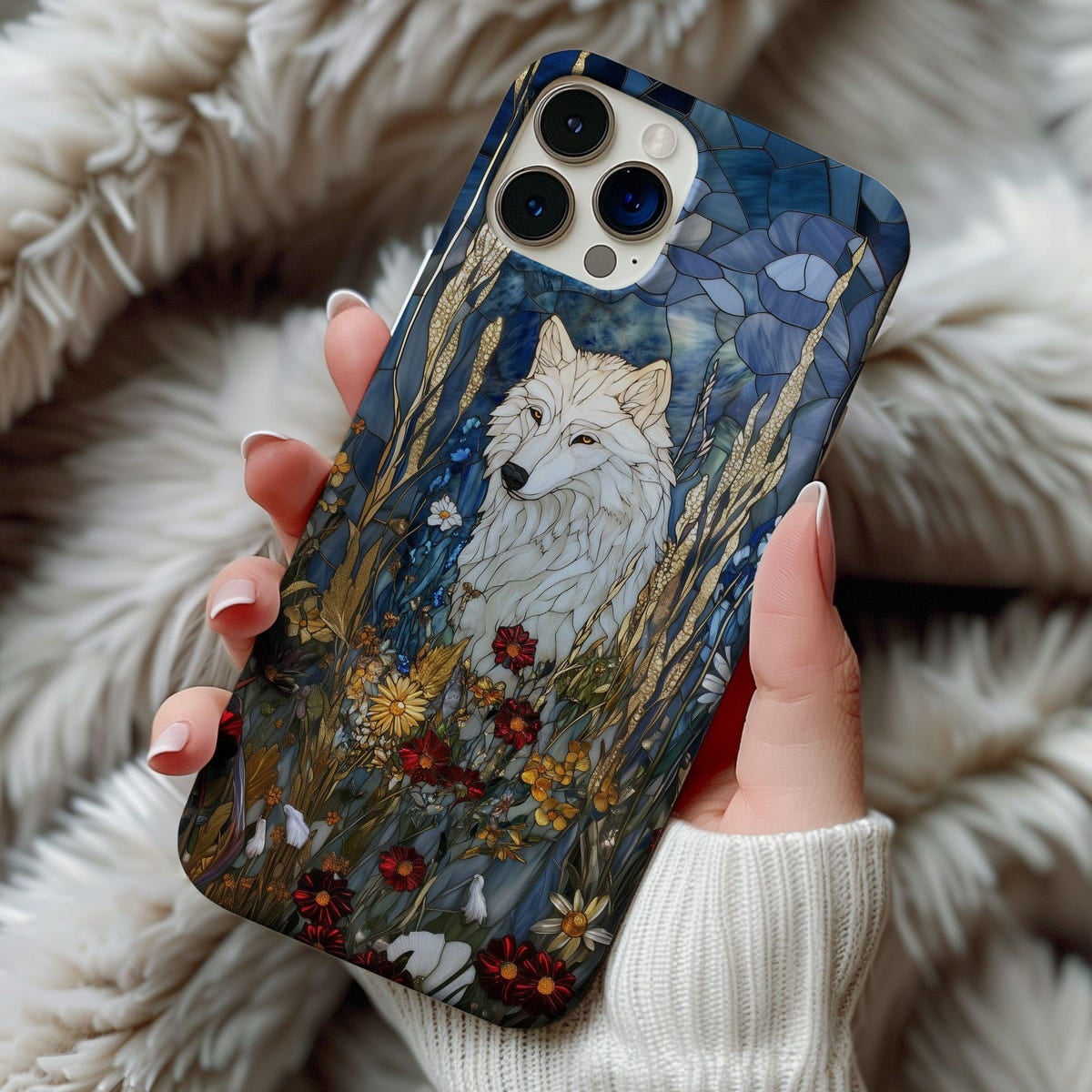 Wolf Stained Glass Art Deco Wildflower Phone Case with iPhone 17 to 11 ...