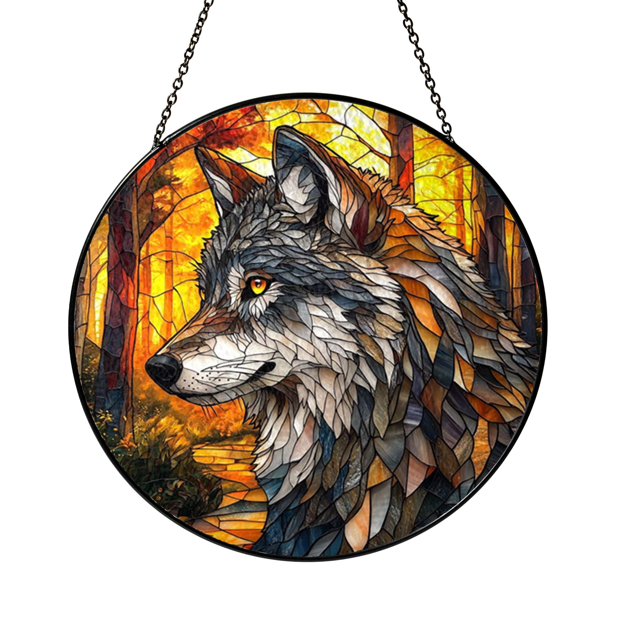 Wolf Stained Glass Style Suncatcher, Fantasy Autumn Woodland Window ...