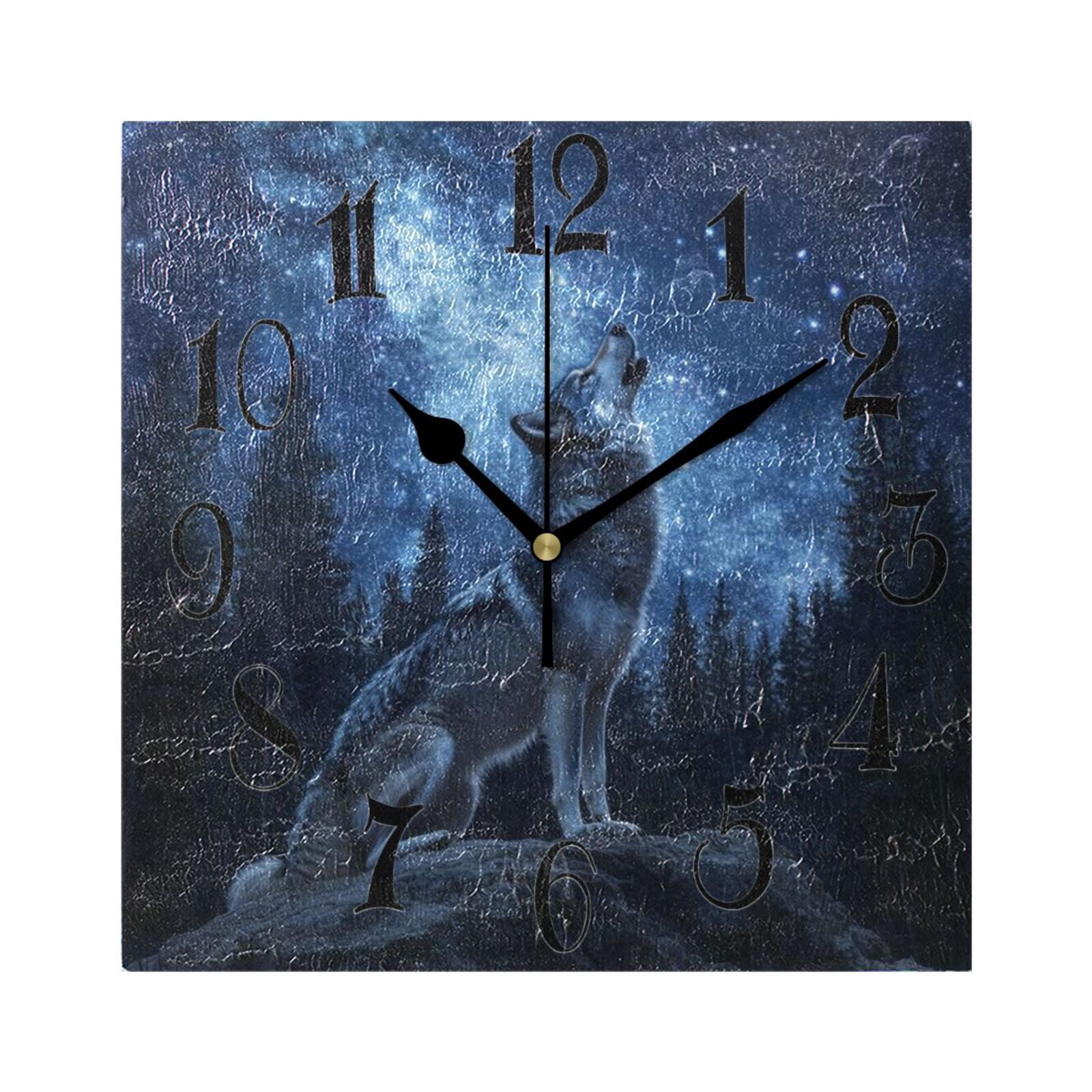 Wolf Starry Night Wall Clock Decorative Square Silent Non-Ticking ...