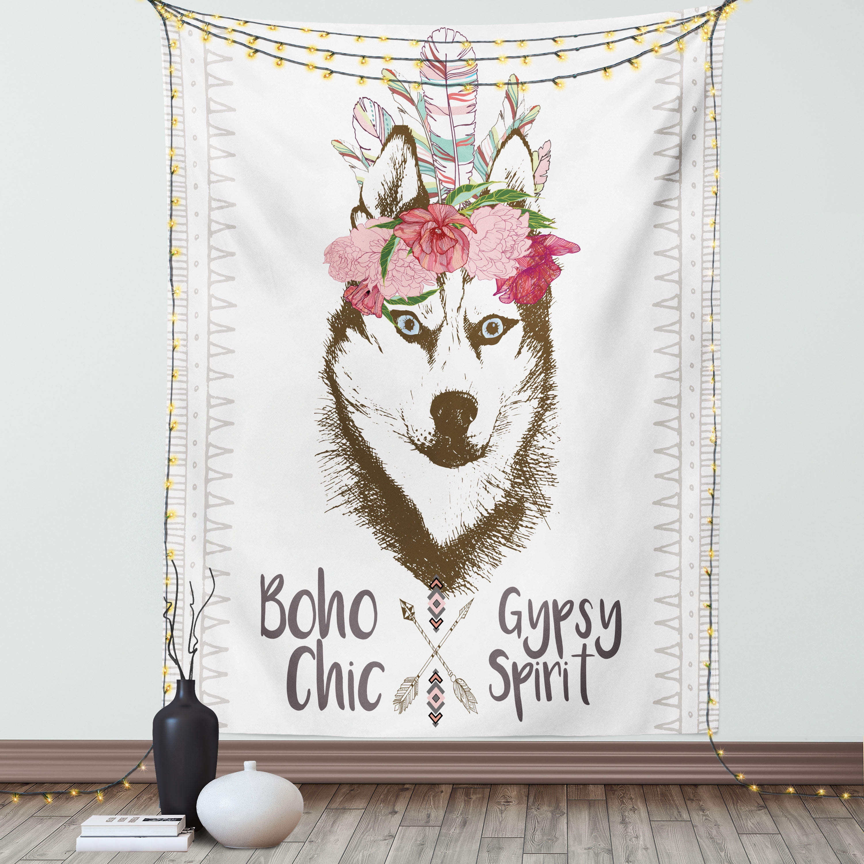 Wolf Tapestry, Aztec Floral Head Portrait of Siberian Husky Dog Tribal ...