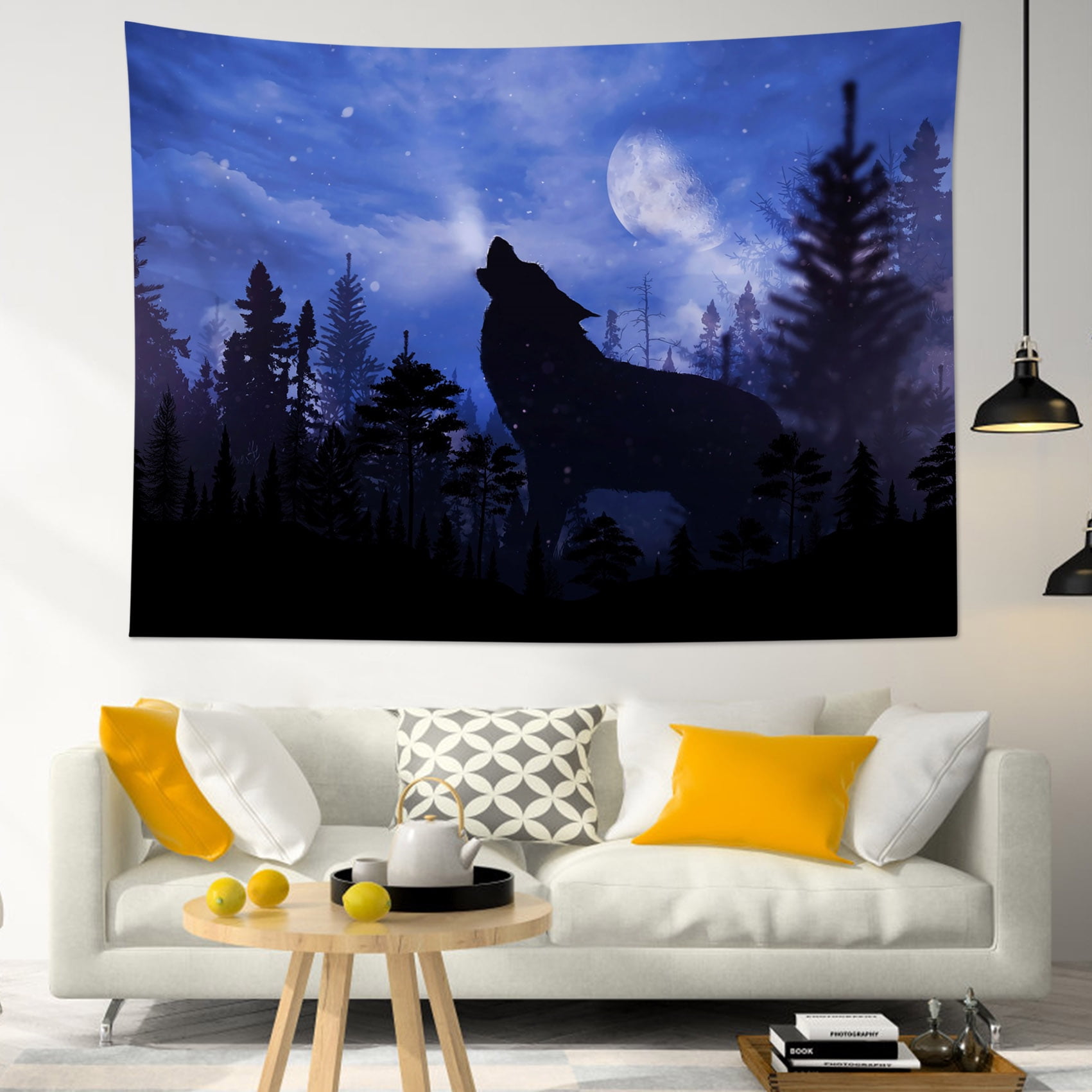 Wolf Tapestry Blue Sky Moon and Night Forest Tapestry Wall Hanging Wall ...