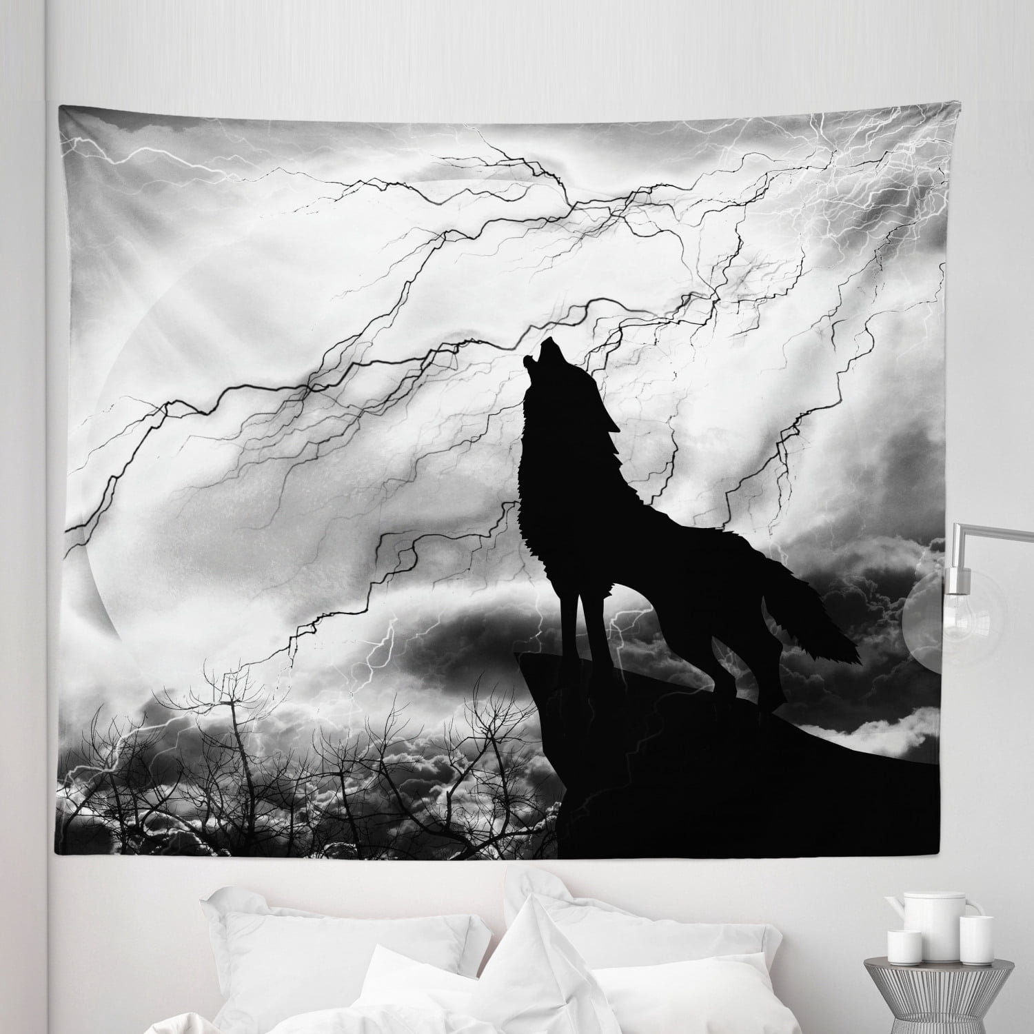 Wolf Tapestry, Howling Animal Silhouette on a Cliff Under Full Moon ...