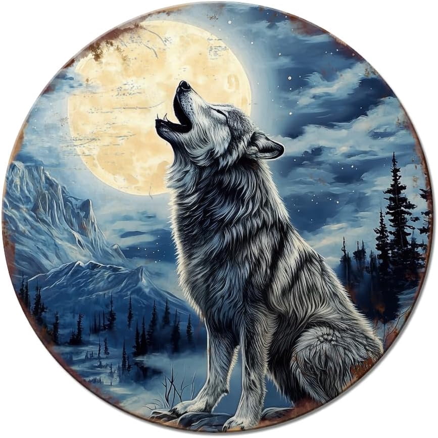 Wolf Tin Signs Vintage Metal Poster Animals Tin Sign Round Jungle Full ...