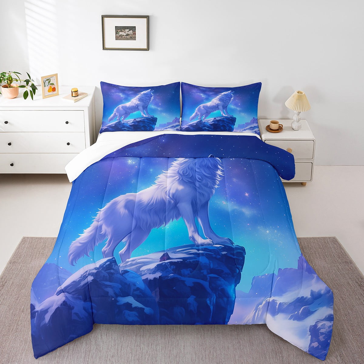Wolf Toddler Bedding Sets Purple Blue Starry Sky Queen Comforter Sets ...