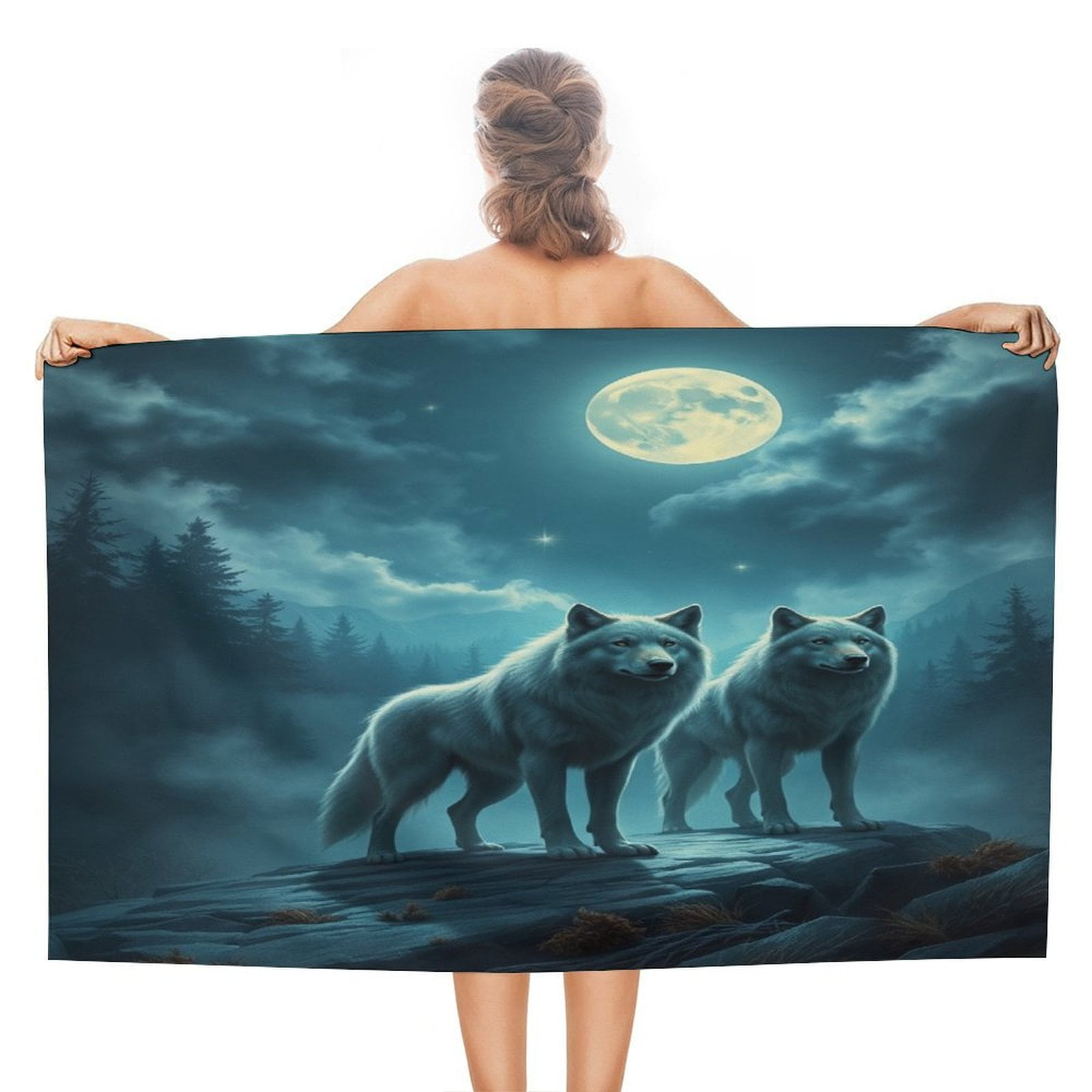 Wolf Under The Moonlight Beach Blanket Soft Absorbent Lightweight Long ...
