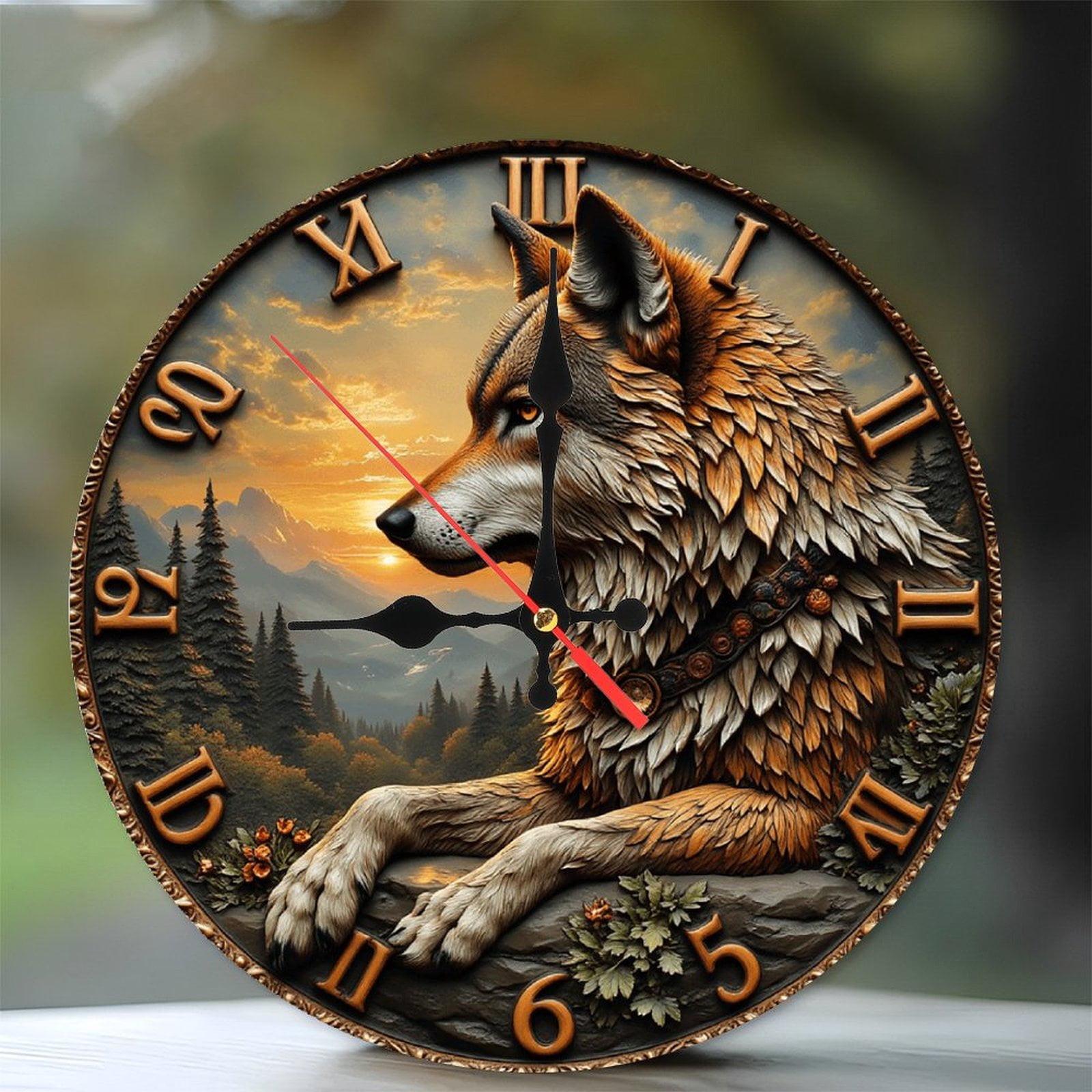 Wolf Wall Clock Mountain Sunset Decoration 10-Inch Silent Wooden Wall ...