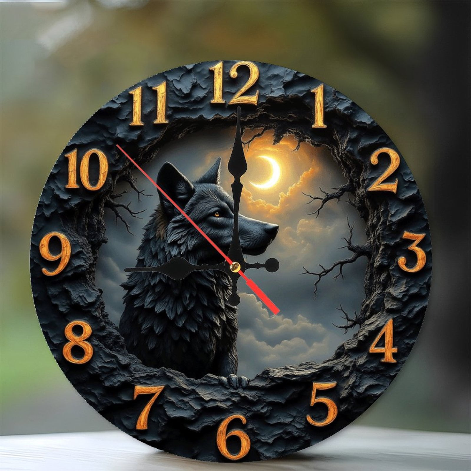 Wolf Wall Clock with Artistic Moonlight Design 10-Inch Silent Wooden ...