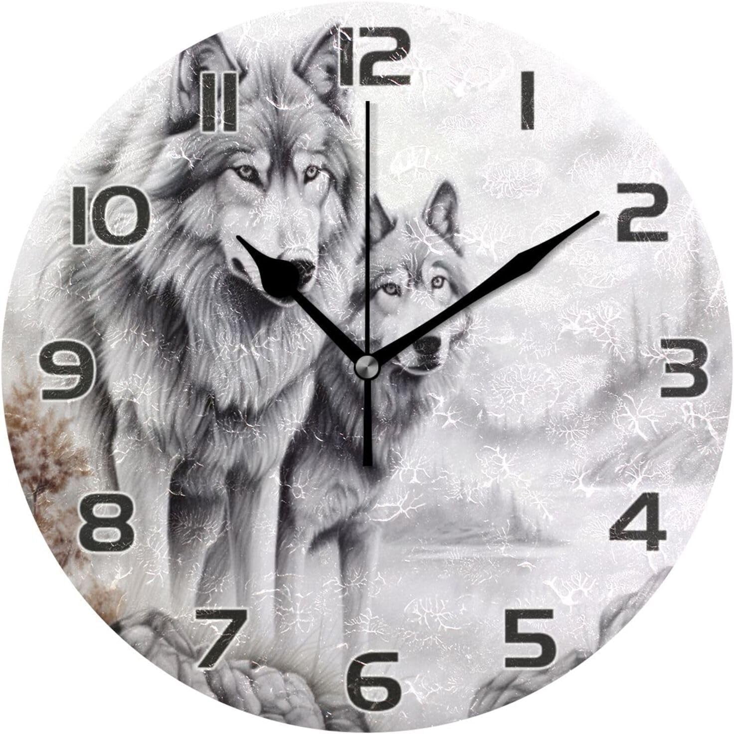 Wolf Wildlife Wall Clock Round Vintage Silent Non Ticking Battery ...